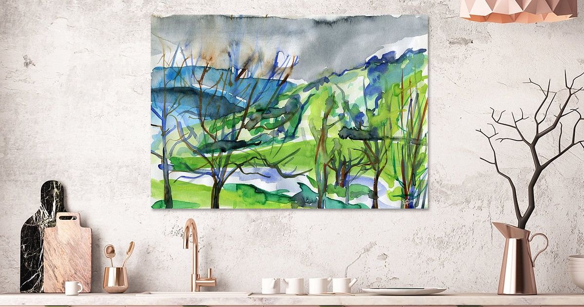 Ontmoeting tussen blauw, grijs en groen van ART Eva Maria op canvas, behang en meer